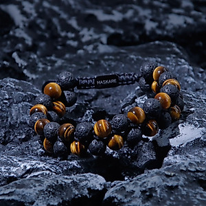 Tiger Eye Bracelet for Men, HASKARE Premium Tiger Eye Beads Bracelet Lava Stone Bracelet, Handmade Double Protection Crystal Bracelet Mens Jewelry Father Christmas Gift for Energy Protection