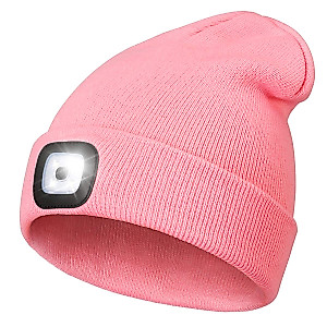 YunTuo LED Beanie with Light,Unisex USB Rechargeable Hands Free 4 LED Headlamp Cap Winter Knitted Night Lighted Hat Flashlight Women Men Gifts for Dad Him Husband (Pink)