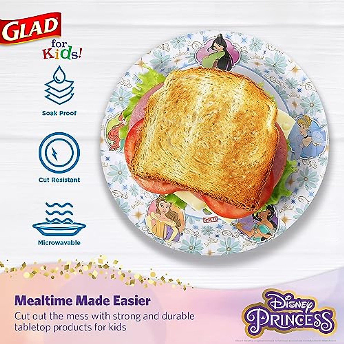 Glad for Kids Disney Princess 8.5” Paper Plates | Disney Princess Paper Plates, Kids Snack Plates | Kid-Friendly Paper Plates for Everyday Use, 8.5” Paper Plates 40 Ct, Floral Frames