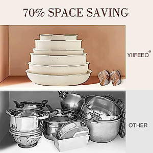 Nonstick Cookware Set - 13 PCS Stackable Pots and Pans Set Detachable Handle Camping Cookware, Granite Kitchen Cookware Sets Removable Handle, Non Toxic Nonstick Frying Pans for Cooking Set Gift Beige