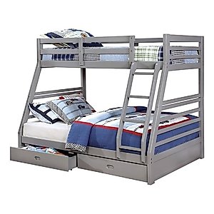 BOWERY HILL Twin Over Full Wood Bunk Bed with 2 Storage Drawers in Gray