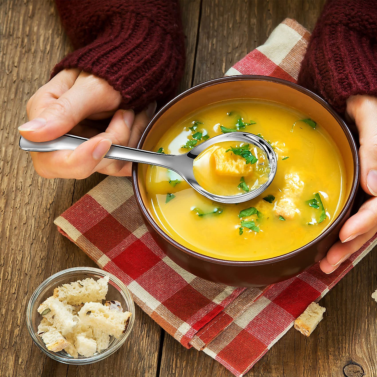 KEAWELL Premium 7.3 Inches Soup Spoons with Hook Handle, Set of 4, 18/10 Stainless Steel, Deep Bowl, Perfect for Ramen, Pho, Miso, Dumplings, Noodles, Wonton, Dishwasher Safe (Curved-Handle)