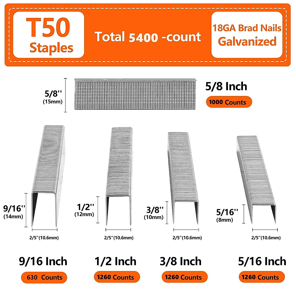 SITLDY Heavy Duty T50 Staples 5400-Count 5 Sizes Includes: 5/16",3/8",1/2",9/16" Staples+5/8" Brad Nails, 20 Gauge Galvanized Assorted Size Project Pack