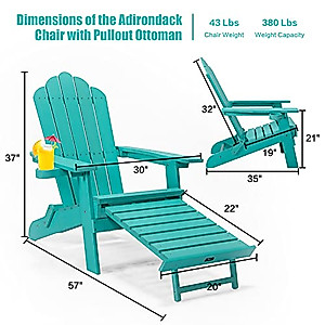 TALE Folding Adirondack Chair with Pullout Ottoman with Cup Holder, Weather Resistant, Oversized, Poly Lumber, Lawn Outdoor Fire Pit Chairs, for Patio Deck Garden, Backyard, Aruba Blue