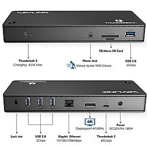 WAVLINK Thunderbolt 3 Docking Station with 85W Charging,2X Thunderbolt 3 up to 40Gb/s, Display Port up to 4K@60Hz Display,4X USB 3.0 Ports, SD Card Slot, LAN for Mac/Windows Thunderbolt 3 Laptops PC