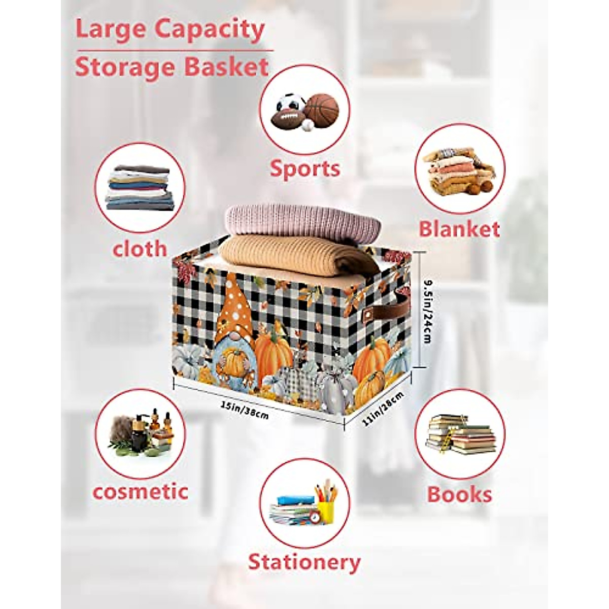 Storage Bin Foldable Storage Basket Pumpkin Gnome Thanksgiving Fall Maple Leaf,Large Storage Bins Handles Storage Baskets for Organizing,Farm Harvest Black Checker Collapsible Storage Cubes Organizer