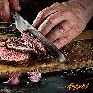 NutriChef 13 Piece Kitchen Knife Set - German Stainless Steel Kitchen Precision Knives Set w/ 6 Steak Knives & Bonus Scissors, Wooden Block Stand w/ Sharpener - Slicing, Chopping, Dicing - NCKNS13