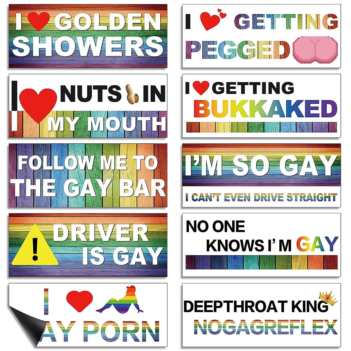 Frienda 10 Pcs Bumper Decals Funny LGBT Stickers Rainbow Bumper Prank Car Stickers Colorful Car Accessories for Truck Vehicle Luggage Window Refrigerator(Magnetic,Classic Style)