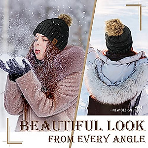 Winter Beanie Hats Gifts for Women - Christmas Stocking Stuffers Birthday Gifts Unique for Women Teens Girls Black Warm knit Beanies Hat with Fur Pom Fashion Skull Cap Slouchy for Ladies Unisex Adults