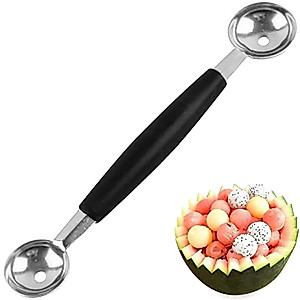 Double-Sided Fruit Melon Baller Spoon, 2 in 1 Stainless Steel Melon Ballers Melon Scoop for Watermelon Cantaloupe Ice Cream,18cm, Black/Silver
