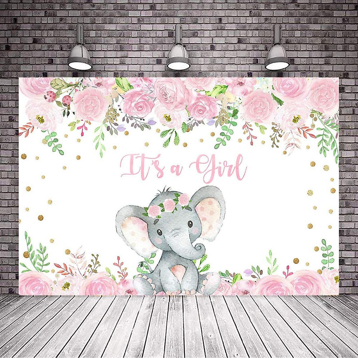 Mocsicka Elephant Baby Shower Backdrop Girl Pink Floral Little Elephant Baby Shower Background 7x5ft Blush Pink and Gold Sprinkle Elephant Baby Shower Backdrop Decorations for Girls