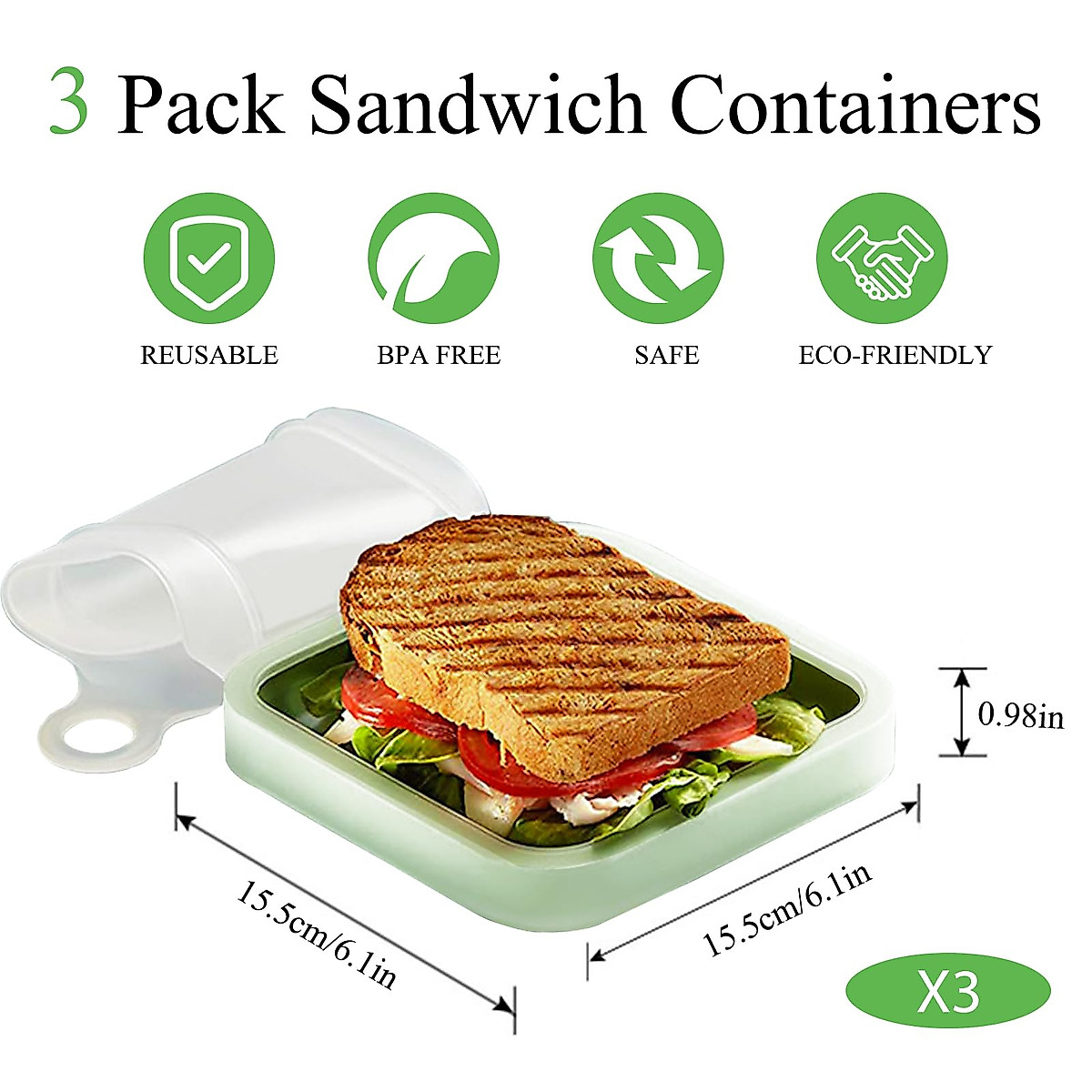 3 Pcs Sandwich Containers, Silicone Sandwich Storage for Lunch Boxes, BPA Free, Leakproof, Reusable Sandwich Holder for Fruit,Salad,Snacks and Food Storage, Microwave Freezer & Dishwasher Safe (Green)