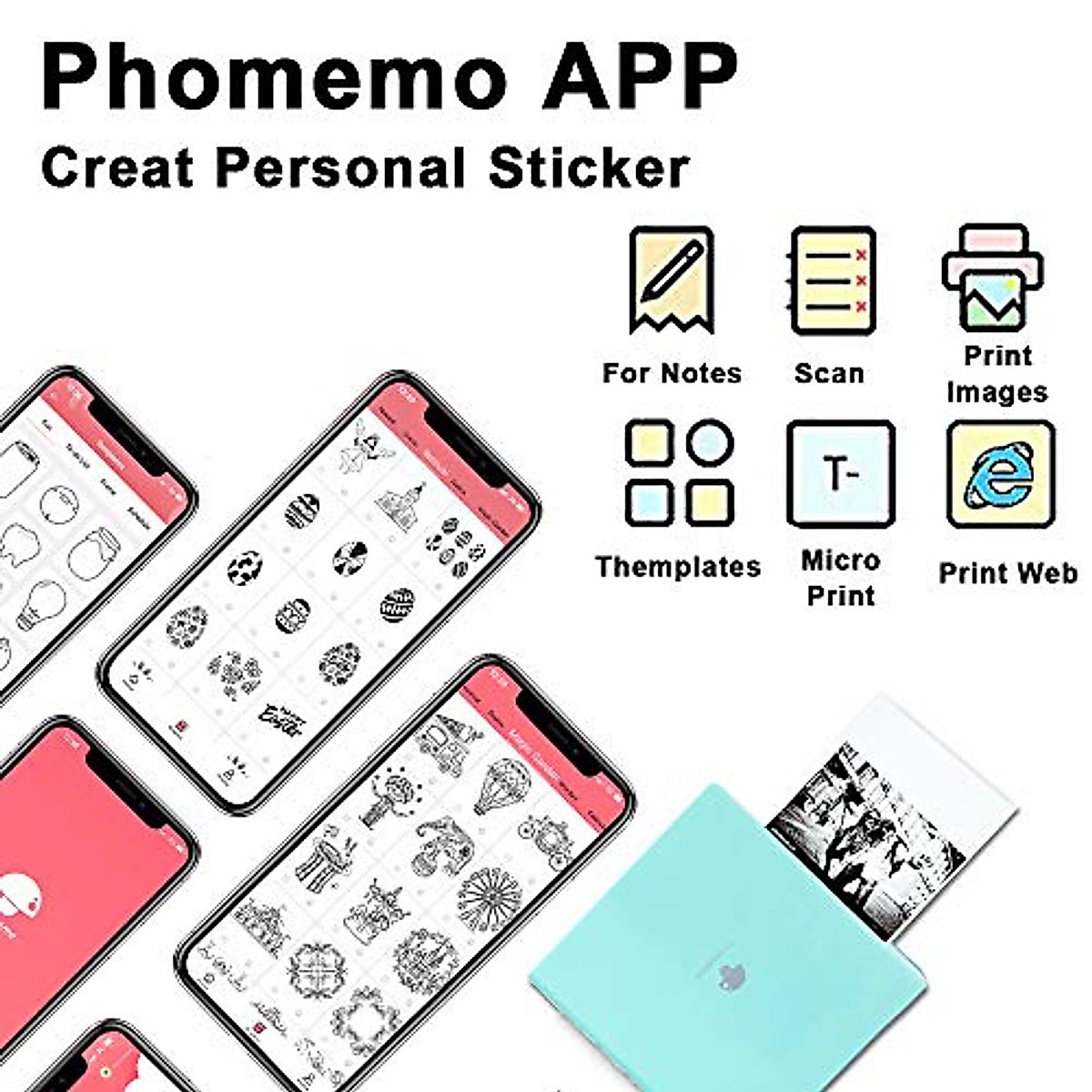 Phomemo M02 Wireless Pocket Thermal Sticker Maker, Portable Bluetooth Photo Printer Sticker Mini Printer Mobile Printer, Compatible with iOS and Android, for Print Photo, Journal, Fun, Black and White