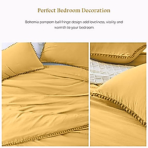 Newspin Duvet Cover King Size Pom Pom Fringe Yellow,3Pcs Soft Breathable Washed Microfiber Boho Bedding Duvet Cover Set with Zipper Closure,1 Duvet Cover(104"X90") and 2 Pillow Shams(No Comforter)