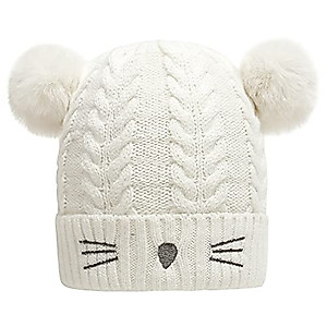 BUBO.YAA Baby Girl Winter Hat Cable Knit Baby Beanie for Infant Toddler Double Faux Fur Pom Pom Beanie with Fleece Lining