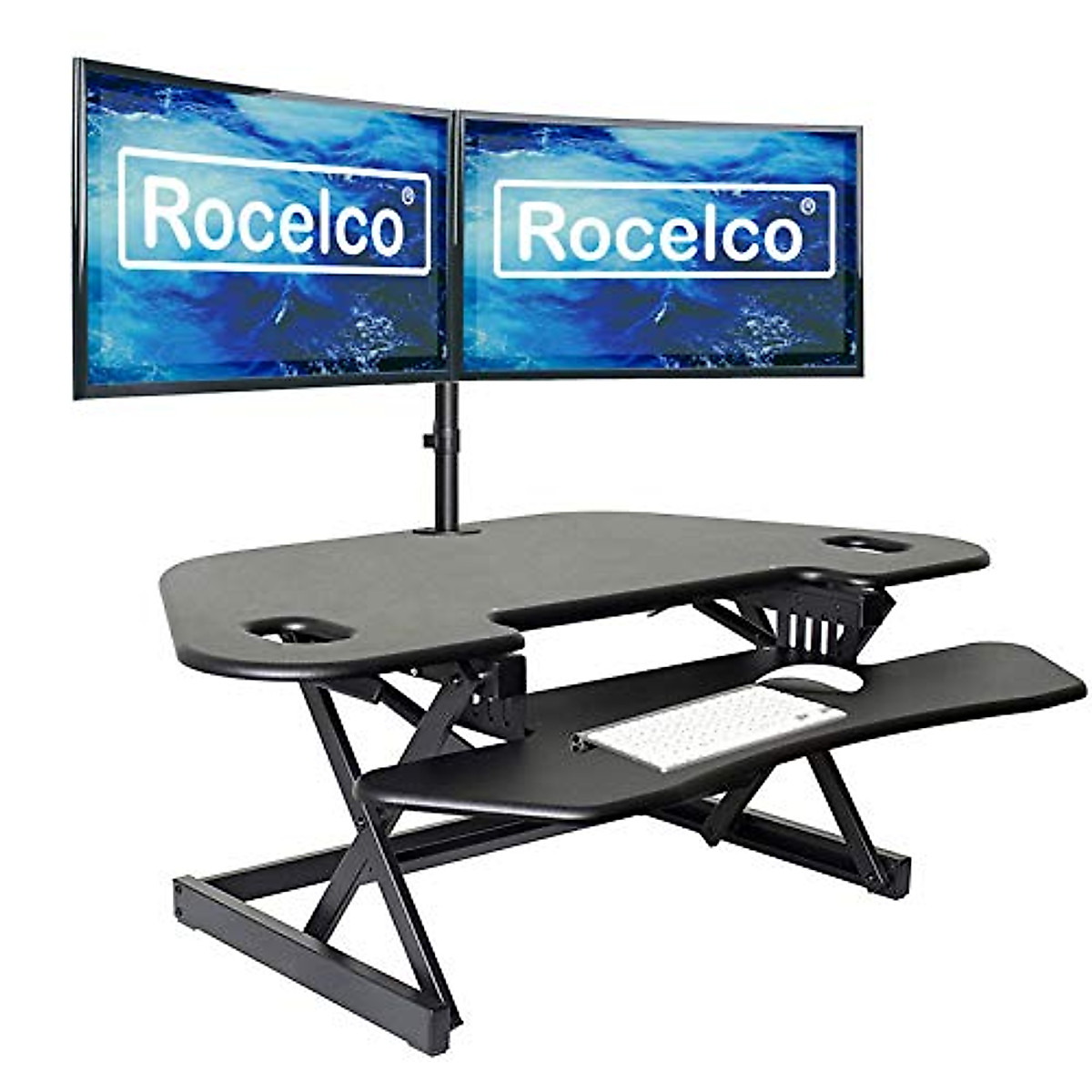 Rocelco 46" Height Adjustable Corner Standing Desk Converter with Dual Monitor Arm Mount BUNDLE - Sit Stand Up Computer Workstation Riser - Extra Large Keyboard Tray - Black (R CADRB-46-DM2)