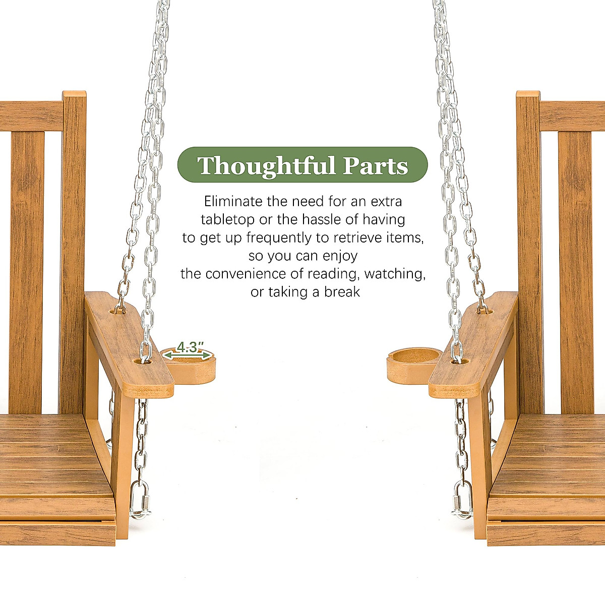 Poly Lumber Porch Swing with Cup Holders, 18/8 Stainless Steel Hanging Chains and Hardware, High Backrest and Deep Contoured Seat, Heavy Duty 900 LBS, All-Weather Resistant Bench Swing (Brown)