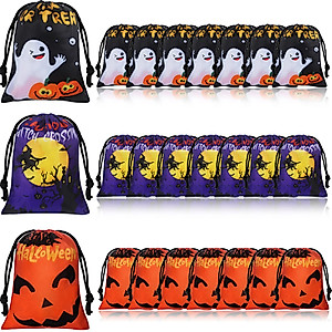 Leifide 24 Pcs Halloween Drawstring Candy Bags 7 x 5 Inch Snack Bags Small Trick or Treat Candy Goody Bags Halloween Pumpkin Candy Snack Bags for Halloween Party Supplies