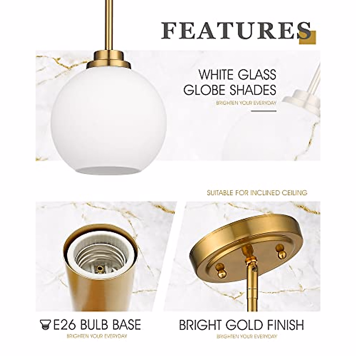 Audickic Farmhouse Gold Pendant Light Fixtures, Pendant Lights Kitchen Island with Milk Glass Globe Shade, Farmhouse Hanging Pendant Light for Dining Room Entryway, AD-22280-1P-GD-W