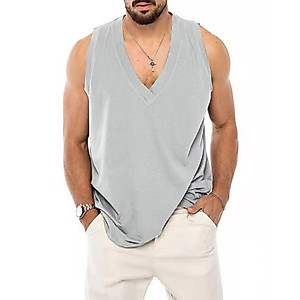 utcoco Men's Cotton Linen Tank Top Solid Color V-Neck Cut Off Tee Summer Beach Sleeveless Shirts for Men (L, Light Grey)