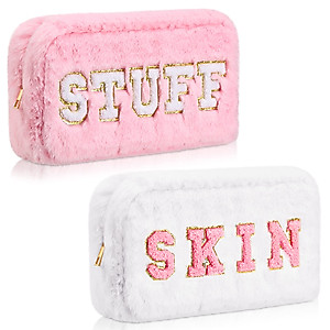 Chunful 2 Pcs Chenille Letter Makeup Bag Fluffy Cosmetics Bag with Zipper Large Preppy Patch Make up Bags Skin Stuff Bag Faux Fur Cosmetic Toiletry Bag for Women Gift(Pink, White)