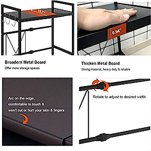 Old DIrd Microwave Oven Rack, Expandable Carbon Steel Microwave Shelf,2-Tier Adjustable Kitchen Counter Shelf and Organizer with 3 Hooks,110lbs Weight Capacity,Black H Type
