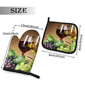 Grape Wine Red and White Oven Mitts and Pot Holders Sets,Heat Resistant Non-Slip Cooking Gloves with Cotton Lining for Kitchen Baking Grilling BBQ