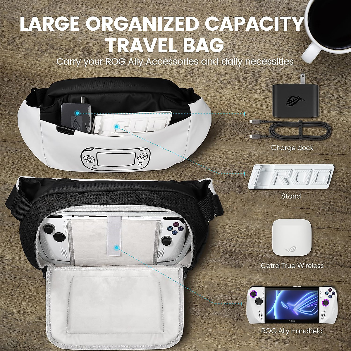 OPTOSLON Rog Ally Carrying Case Compitable with ASUS ROG Ally Gaming Handheld and Accessories, Sling Bag Fit Orignial Stand and AC Adapter for Travel and Storage with a Screen Protector