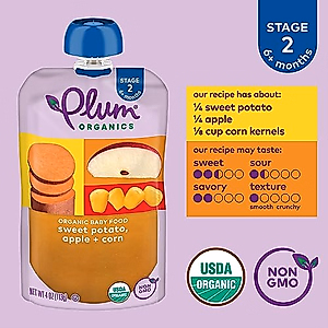 Plum Organics | Stage 2 | Organic Baby Food Meals [6+ Months] | Sweet Potato, Apple & Corn | 4 Ounce Pouch (Pack Of 6) Packaging May Vary