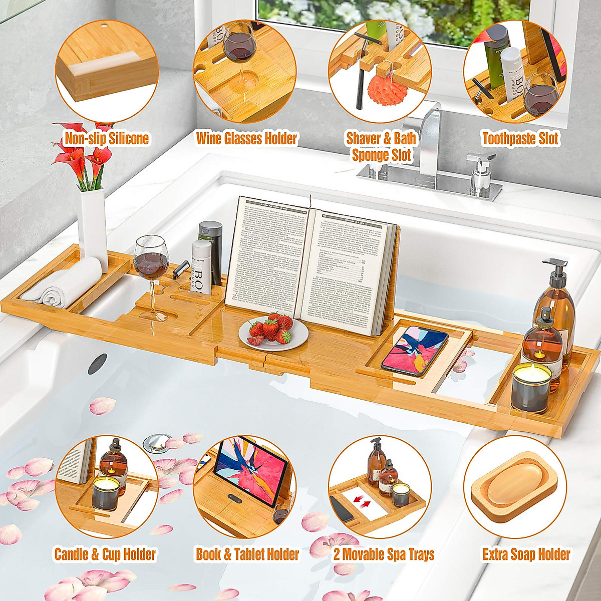 Kalrin Bathtub Tray for Tub, Upgraded Bamboo Bathtub Caddy Tray Expandable & Foldable with Free Soap Dish and Book Stand, Bathtub Table Tray for Luxury Bath Home Spa and Gift Choice - Fits Most Tubs