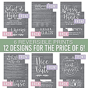 6 Reversible Funny Bathroom Signs Decor Funny Bathroom Wall Art 8x10 - Farmhouse Bathroom Decor Wall Art Funny Bath Decor, Bathroom Rules Wall Decor Bathroom, Please Seat Yourself Bathroom Sign Funny