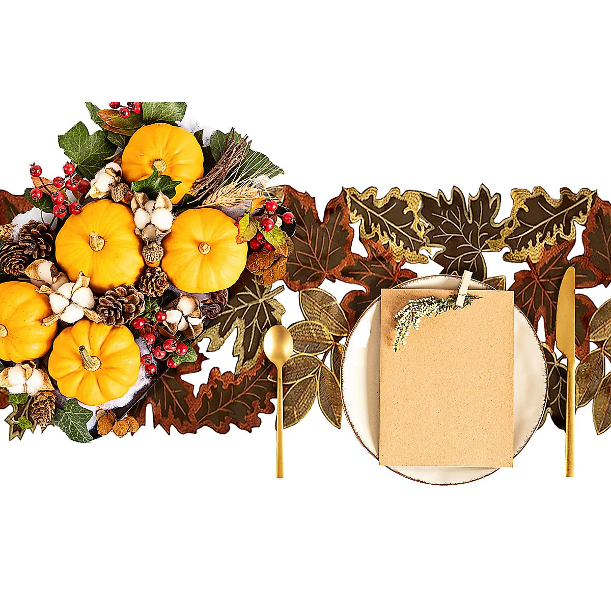Fall Thanksgiving Table Runner with Embroidered Maple Leaves, Farmhouse Fall Thanksgiving Table Harvest Decor (13.7 × 86.6 inches)