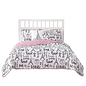 Quaint Home, Pillows, and Shams, 4-Piece Quilt Set, Twin, Bonjour Paris Pink/White/Black