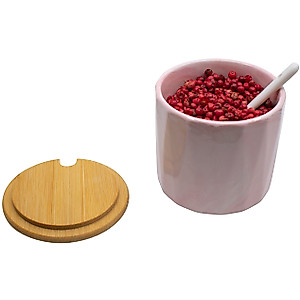 Stephanie Imports Set of 6 Tiered Marble Ceramic Condiment Spice Jars & Drawers With Spoons, Bamboo Lids and Rack (Pink)