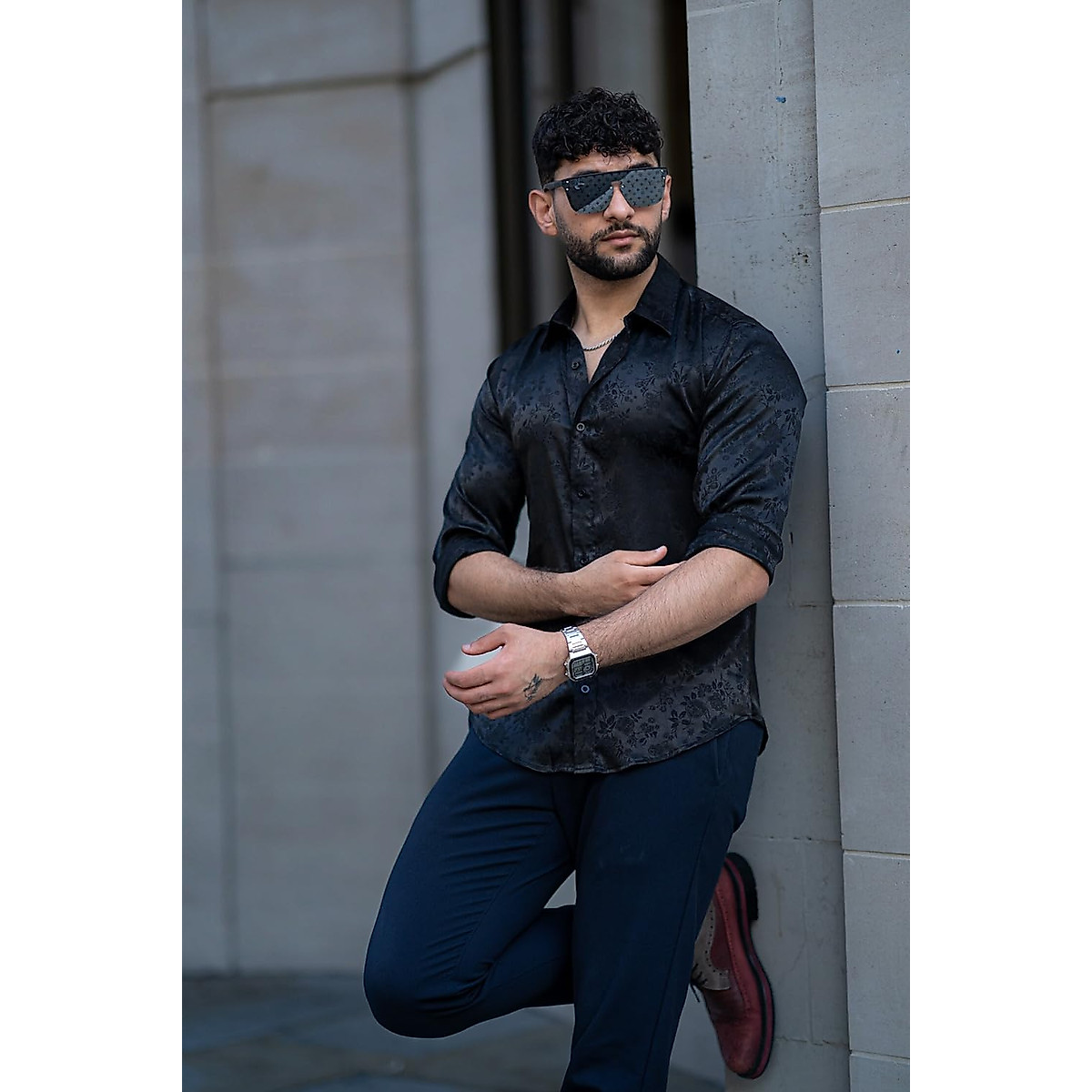 COOFANDY Mens Floral Rose Printed Long Sleeve Dress Shirts Prom Wedding Party Button Down Shirts (Black)