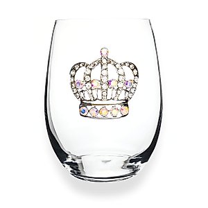 THE QUEENS' JEWELS Large Crown Jeweled Stemless Wine Glass, 21 oz. - Unique, Birthday, Cute, Fun, King, Queen, Not Painted, Decorated, Bling, Bedazzled, Rhinestone