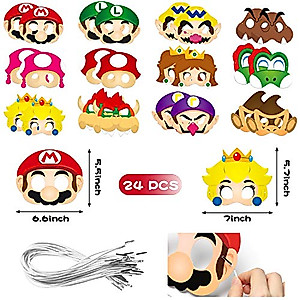 124P Mario Party Favors Kit, Wario Mario Theme Party Supplies Include Mario Masks Wristband Character Mario Stickers Treat Bags Blowouts Good for Play Games For Boys or Girls, Birthday Gifts