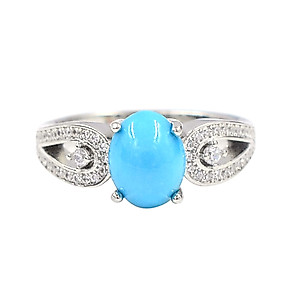 9X7 MM Oval Cut Natural Sleeping Beauty Turquoise Gemstone 925 Sterling Silver December Birthstone Solitaire Unisex Proposal Ring For Wedding Gift (Rhodium Plated Silver, 6)