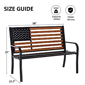 𝐀𝐭𝐭𝐥𝐢𝐚𝐬𝐚𝐥𝐨𝐧 50” Outdor Bench Garden Bench with American Flag Style, Sturdy Cast Iron Metal Frame Patio Park Bench for Porch Yard Lawn Deck Park