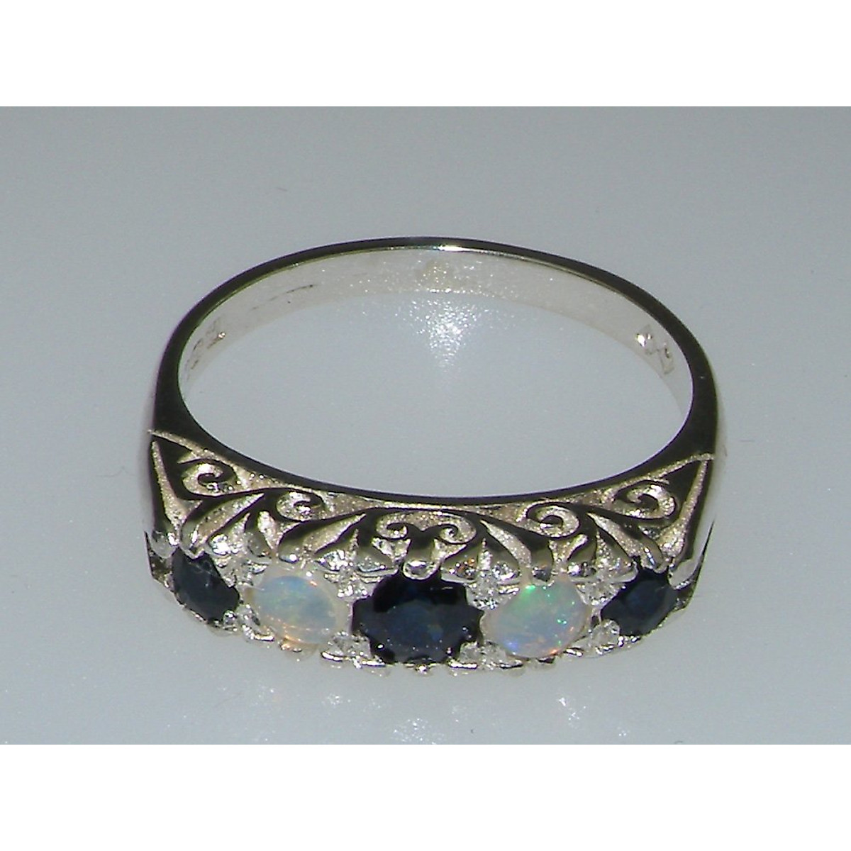 925 Sterling Silver Natural Sapphire and Opal Womens Anniversary Ring - Size 7.25