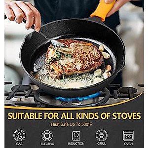 MICHELANGELO Cast Iron Skillet Set 8 Inch & 10 Inch &12 Inch, Preseasoned Cast Iron Skillets With Lid, Iron Skillets for Cooking with Silicone Handle & Scrapers, 8'' & 10" & 12"