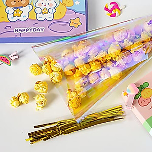 Cellophane Bags,50 Pcs Cellophane Treat Bags, Iridescent Holographic Candy Bags, Clear Goodie Bags with Colorful Twist Ties for Birthday Party Favors, Halloween,Christmas, Weddings, Baby Showers (S, Cone)