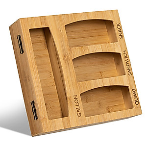 Ziploc Bag Organizers and Storage, Bamboo Wood Plastic Bag Holder for Kitchen Drawer, Compatible with Gallon, Quart, Snack, Sandwich, Pantry Organizer (4 in one), 12W 12L 3in