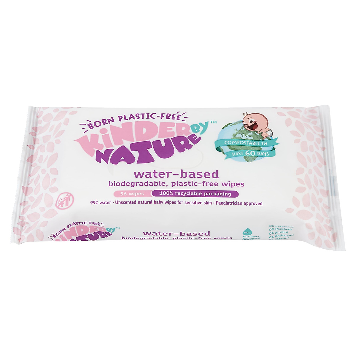 Kinder by Nature Water-Based Baby Wipes - 100% Biodegradable & Compostable, 224 Count (4 Packs of 56) - 99% Water, Plastic-Free Wipes