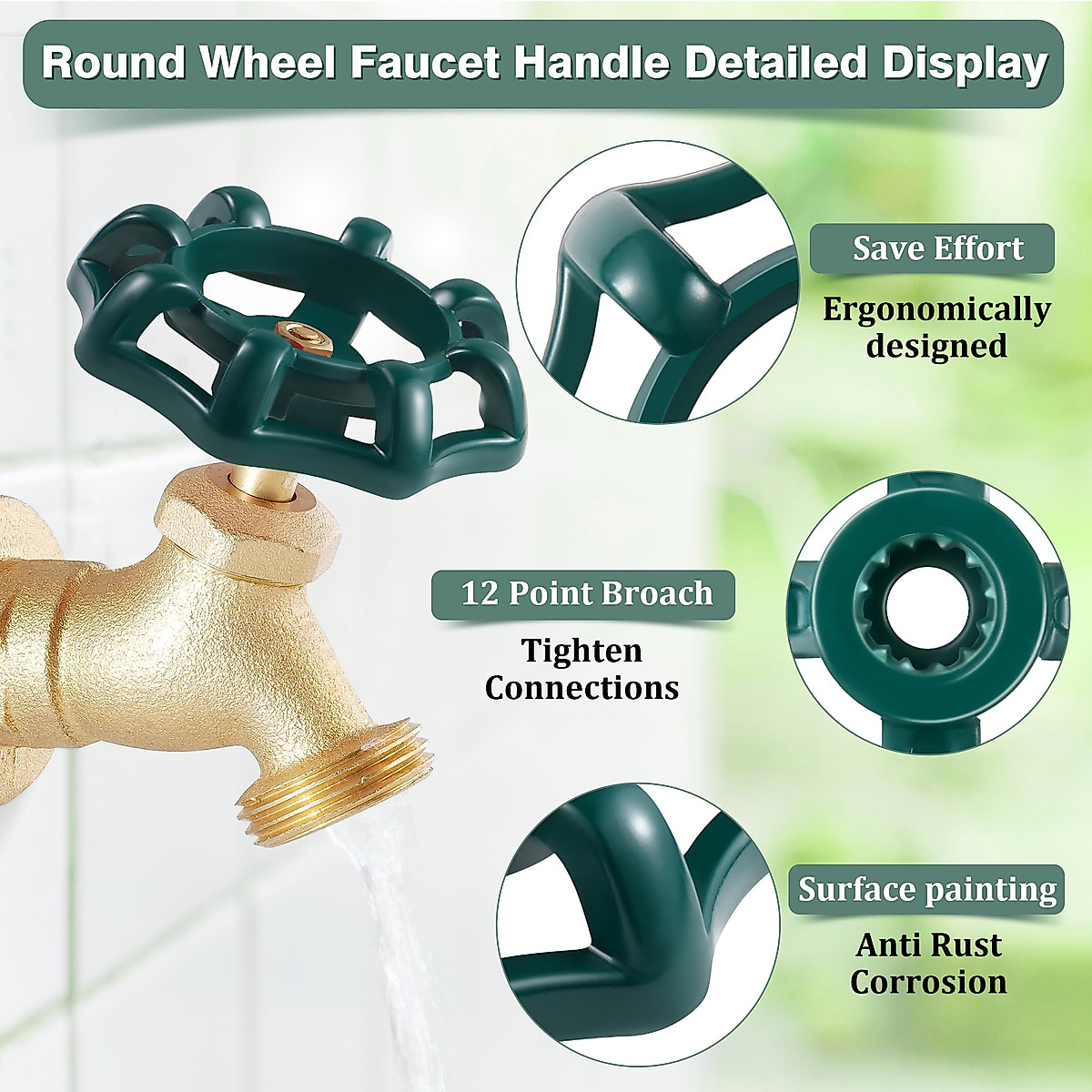 Dreyoo 2 Pack Outdoor Faucet Handles, 0.43" Round Stem Hole Faucet Handle Compatible with LASCO 01-5109, Round Wheel Handle Fits Most 3/8" Shaft Sillcock Valve Stems (12 Point Broach, Green)