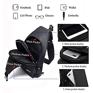 HDSAM Crossbody Bag Sling Backpack Travel Hiking Chest Bag Daypack, Waterproof Casual Day Bag for Travel Hiking Cycling Outdoor Trip Multi-pocket Shoulder Bag Pack with Charge Port & USB Cable