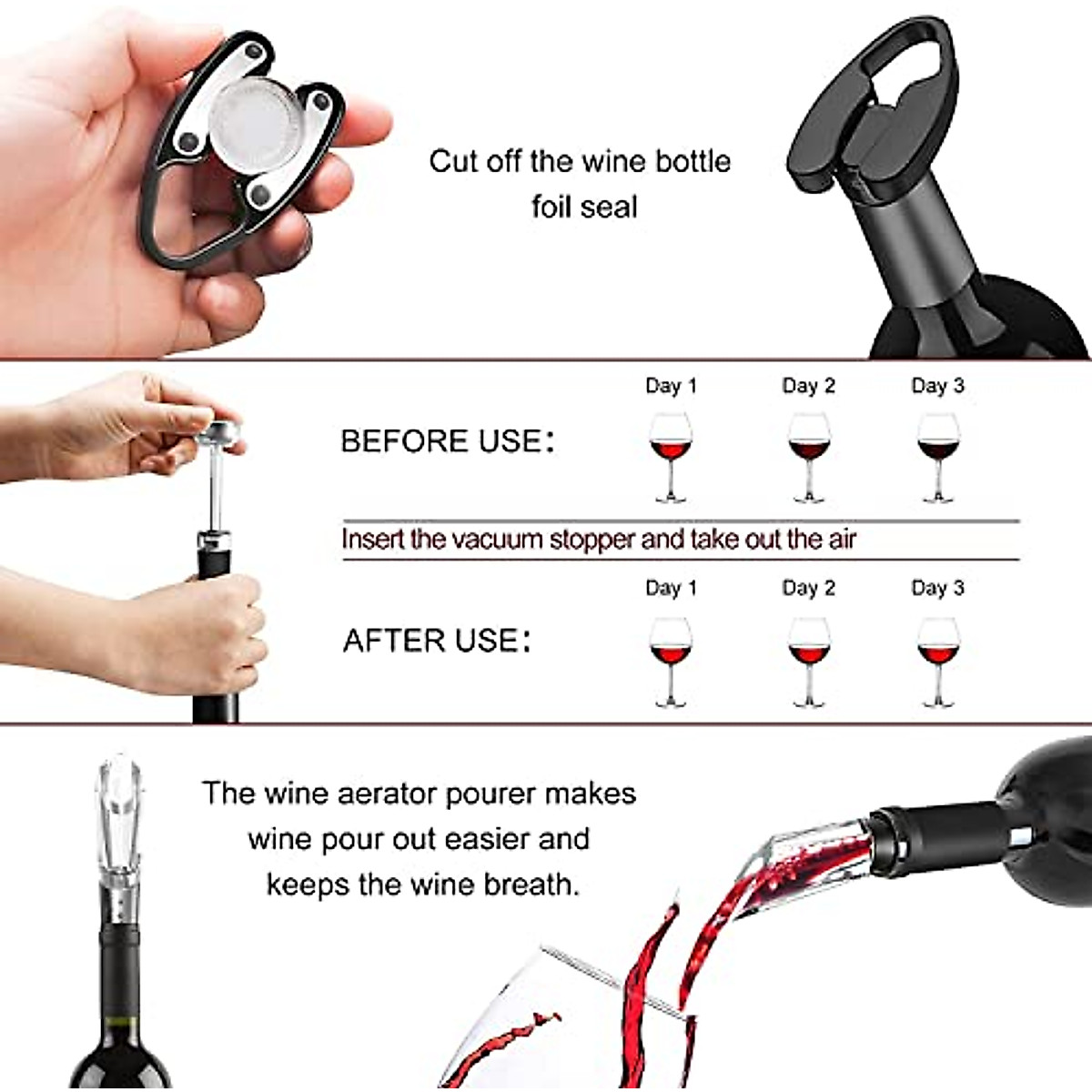 Electric Wine Opener, Automatic Wine Bottle Opener with Base, Corkscrew Remover with Foil Cutter Vacuum Pump Preservation Stopper Aerator Pourer Wine Lovers Gift Set USB Rechargeable