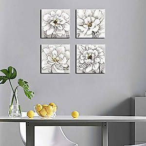 Flowers Wall Art Bathroom Wall Decor Abstract Botanical Picture Contemporary Wall Art Prints Bedroom Living Room Kitchen Office Home Decor Modern White Flower Canvas Artwork 12" x 12" x 4 Pieces