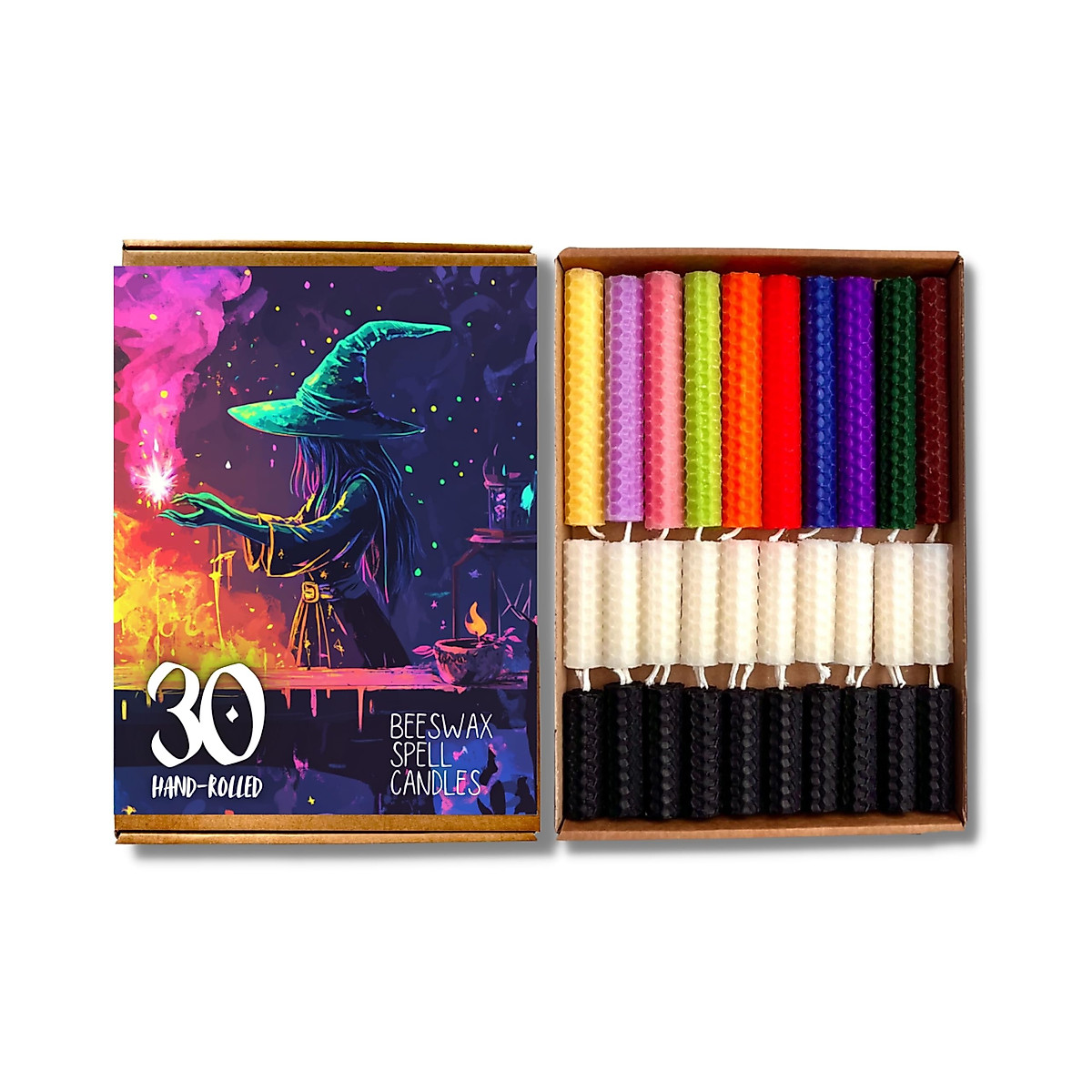 Phoenix Candle Company - Beeswax Spell Candles Set - 30 Count - Hand-Rolled - Assorted Colours