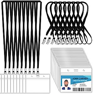 100 Pcs Clear Horizontal Badge Id Card and 100 Pcs Lanyard, Reusable Lanyards for Id Badge Holder Name Tag Badge Holder with Lanyards for Adults Kids Business School Conferences (Black)